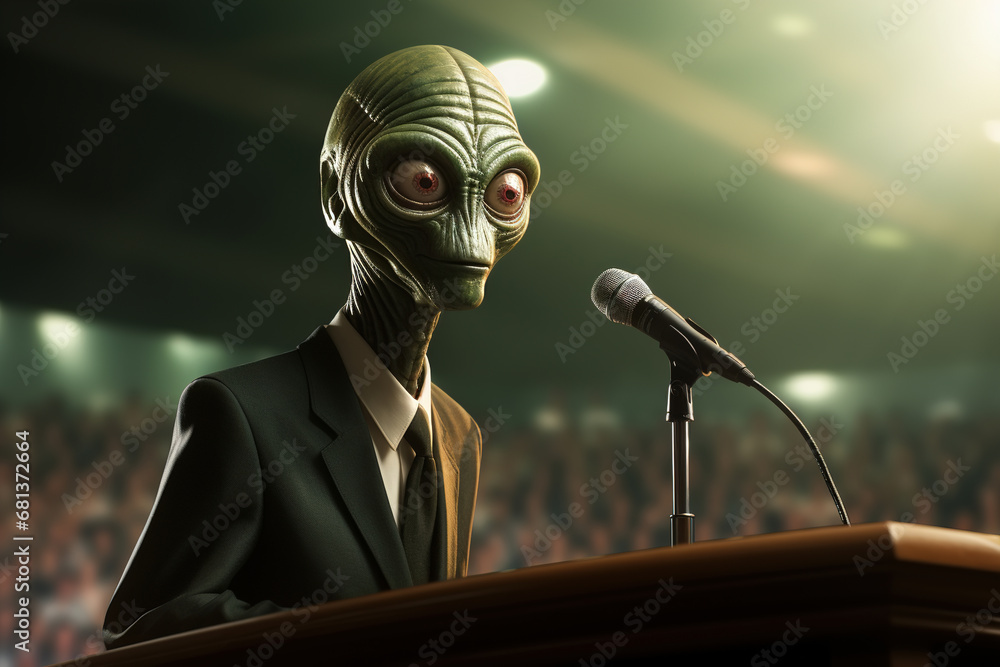 An alien politician speaking publicly on podium. Surprised humanoid in ...