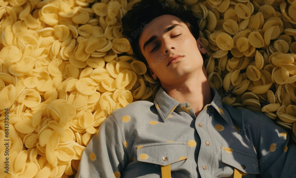 Young man sleeping on chips. Slumber. A sleeping boy. A surreal image ...