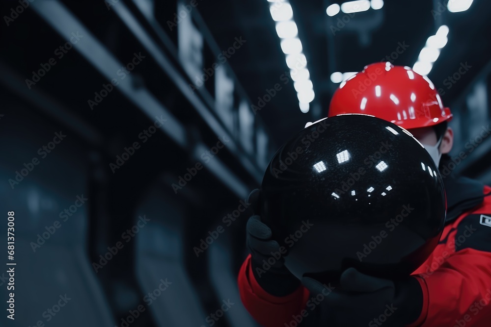 A plant worker wearing read working clothes, black gloves and red hard ...