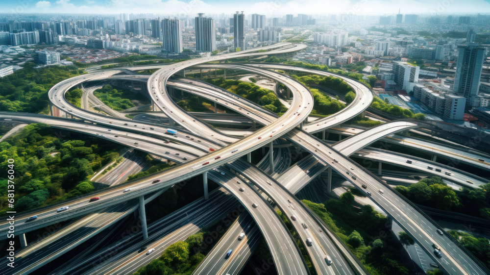 top view , night , roundabout interchange of a city, Expressway is an ...
