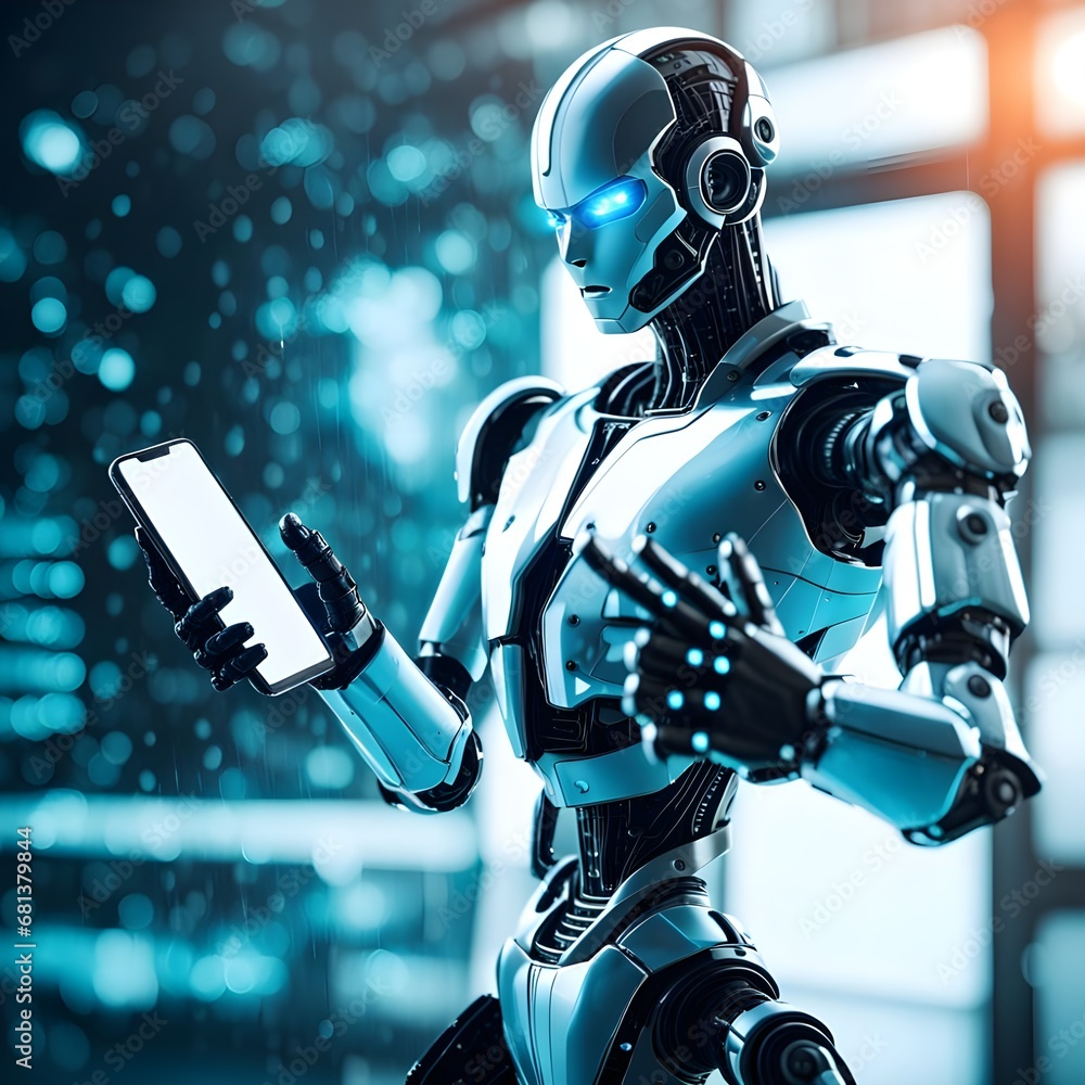 Cyber digital world android robot pointing finger computer coding AI chatbot background ...