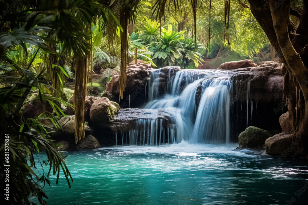 mesmerizing quality of waterfall in oasis, embodying rejuvenating power ...