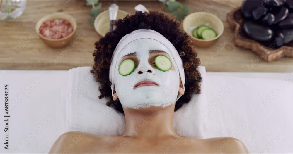 Woman, spa and skincare or face mask, relax and stress free for ...