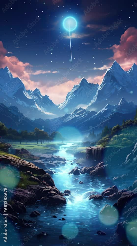 Serene Mountain River Under Starlit Sky. Seamless Looping Video Anime ...