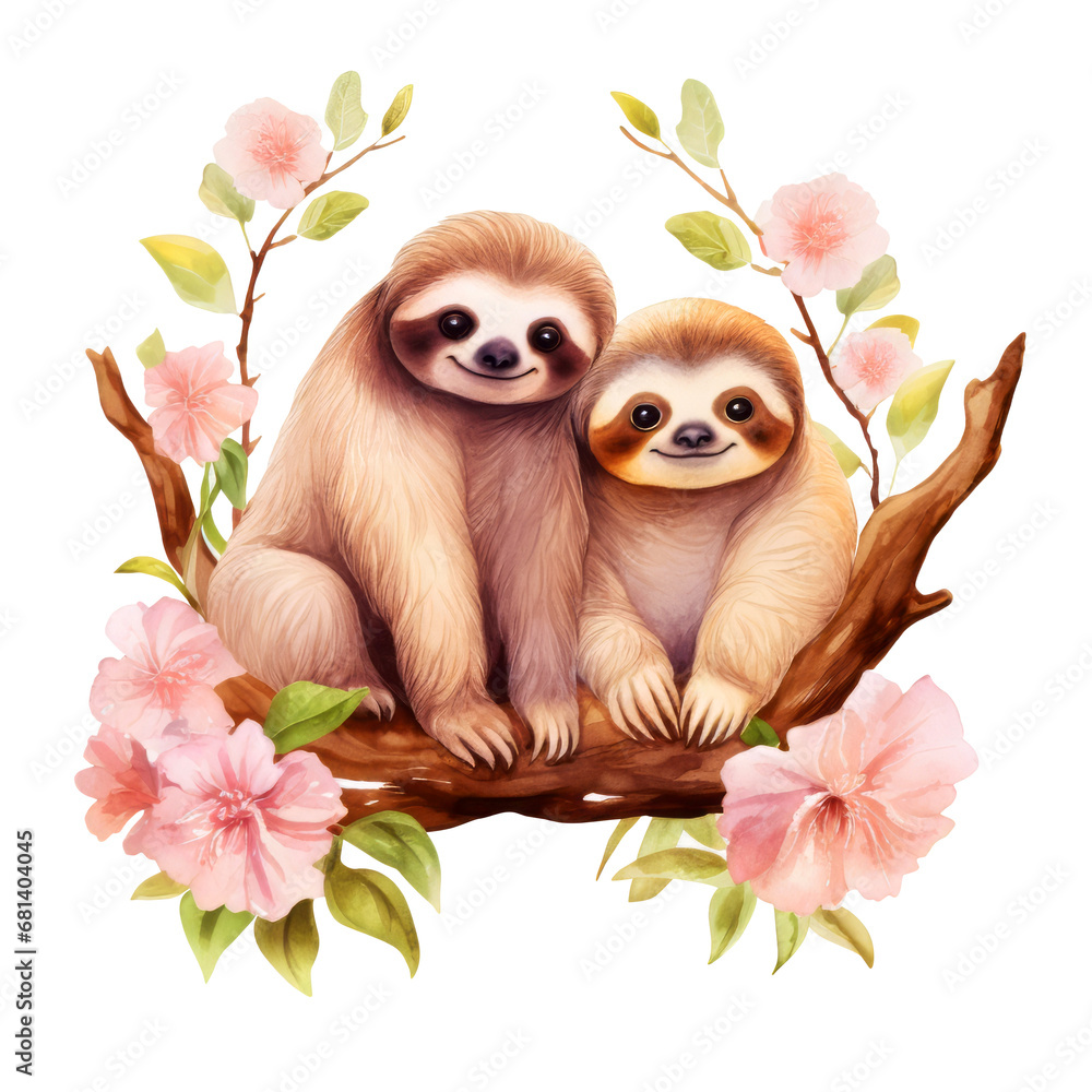 Cute Sloth Couple in love with Flower Watercolor Clipart isolated on ...