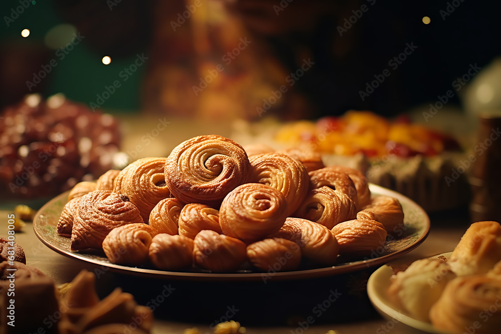 Arabic sweets, kaak cookies on served table. Arabic pastries concept ...