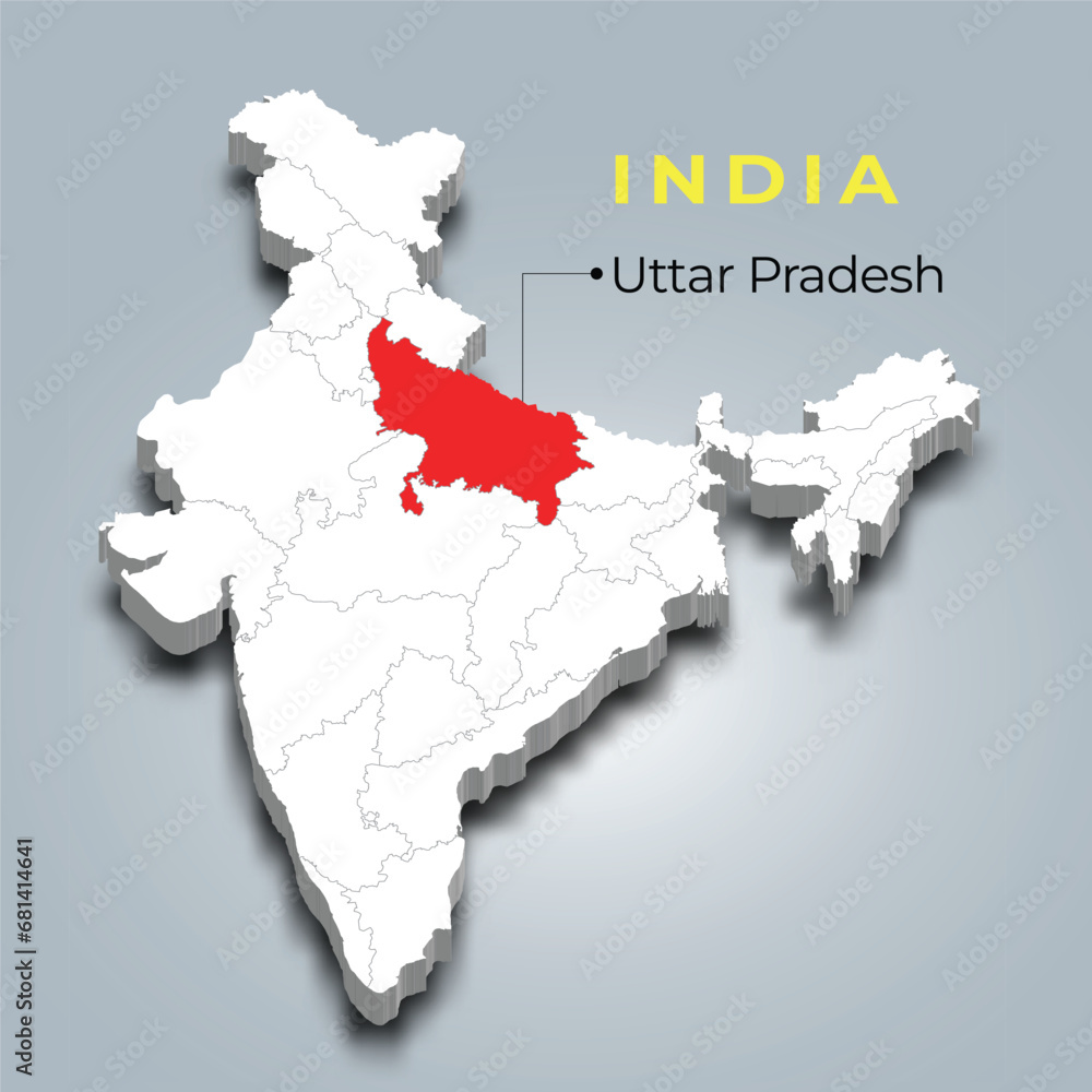 Uttar Pradesh map location in Indian 3d isometric map. Uttar Pradesh ...