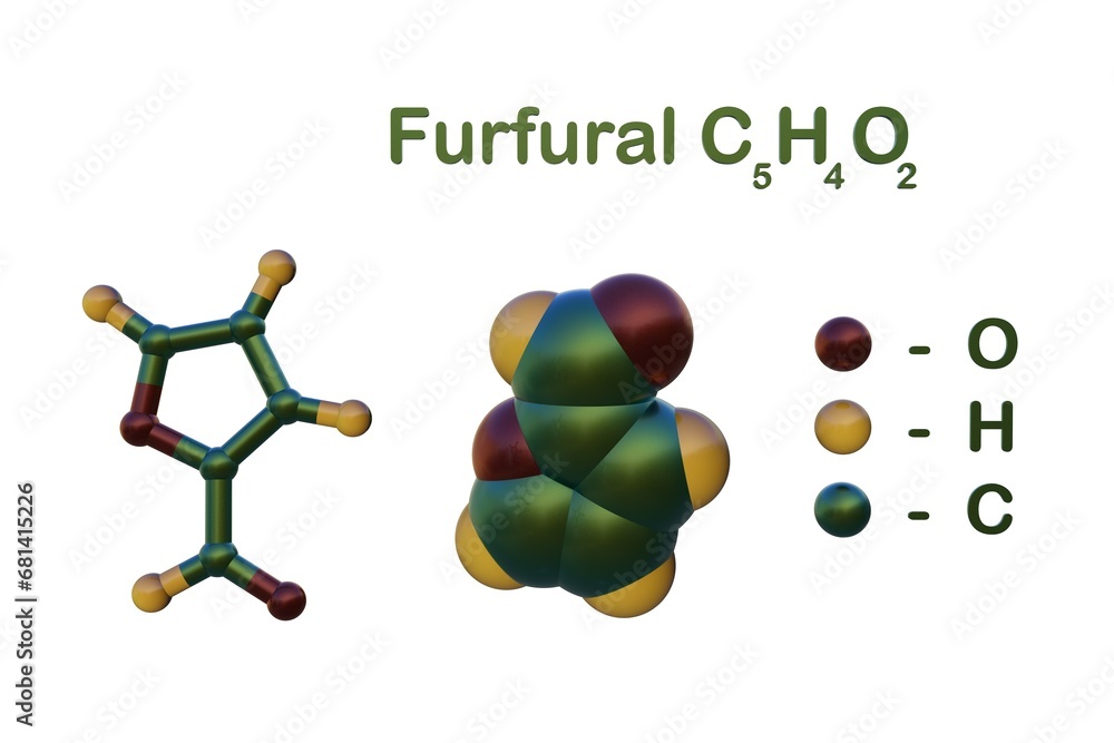 Structural chemical formula and molecular models of furfural, an ...