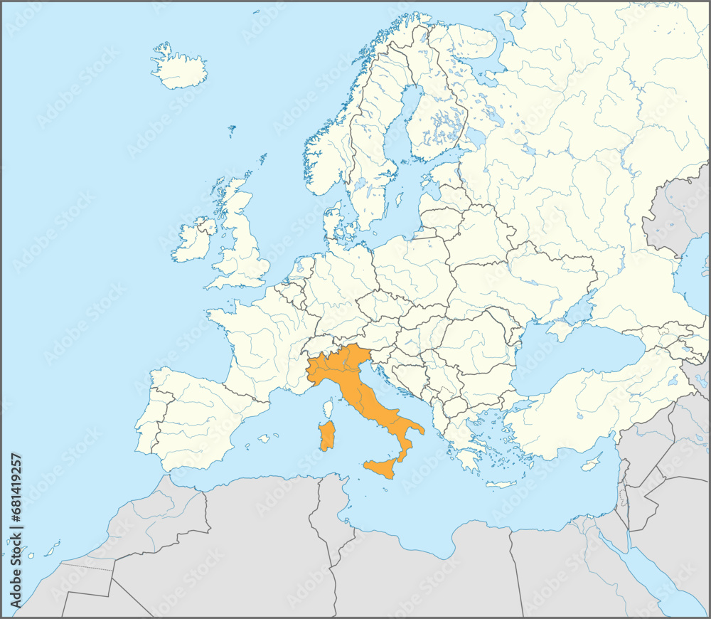 Orange CMYK national map of ITALY inside detailed beige blank political ...