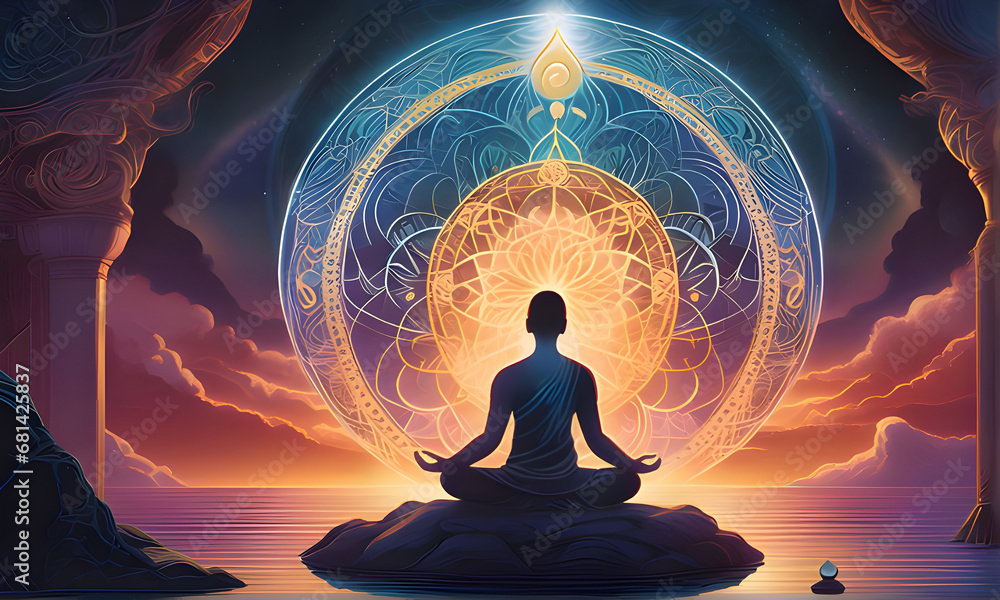 Human person silhouette is meditating receiving energy and power ...