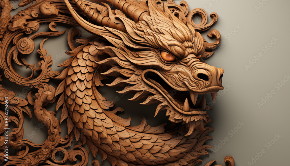 Chinese dragon wood carving on red background, decoration element for ...