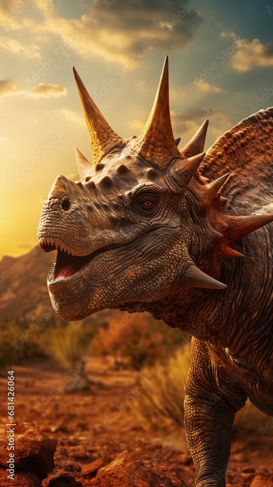 Portrait of Triceratops against ancient forest background with space ...