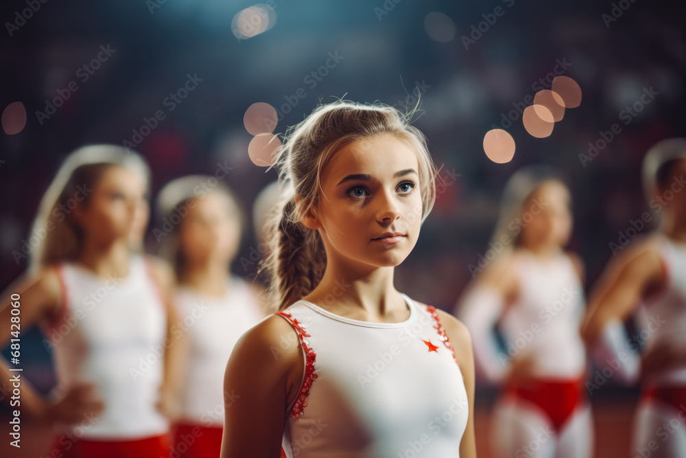Portrait of young girl gymnasts ready to compete in a stadium, pretty ...