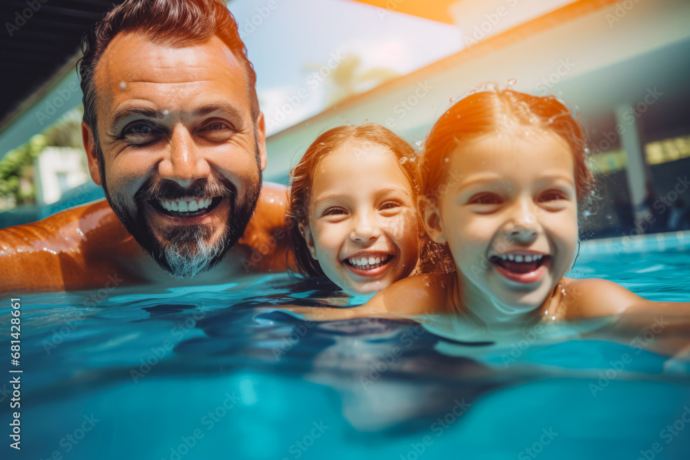 Underwater shot of father and daughters swimming in the pool and ...