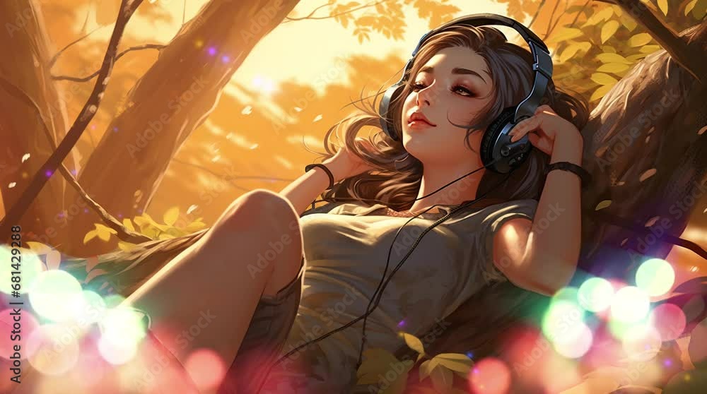 Anime-Style Illustration of a Girl Enjoying Music Atop a Tree. Loop ...