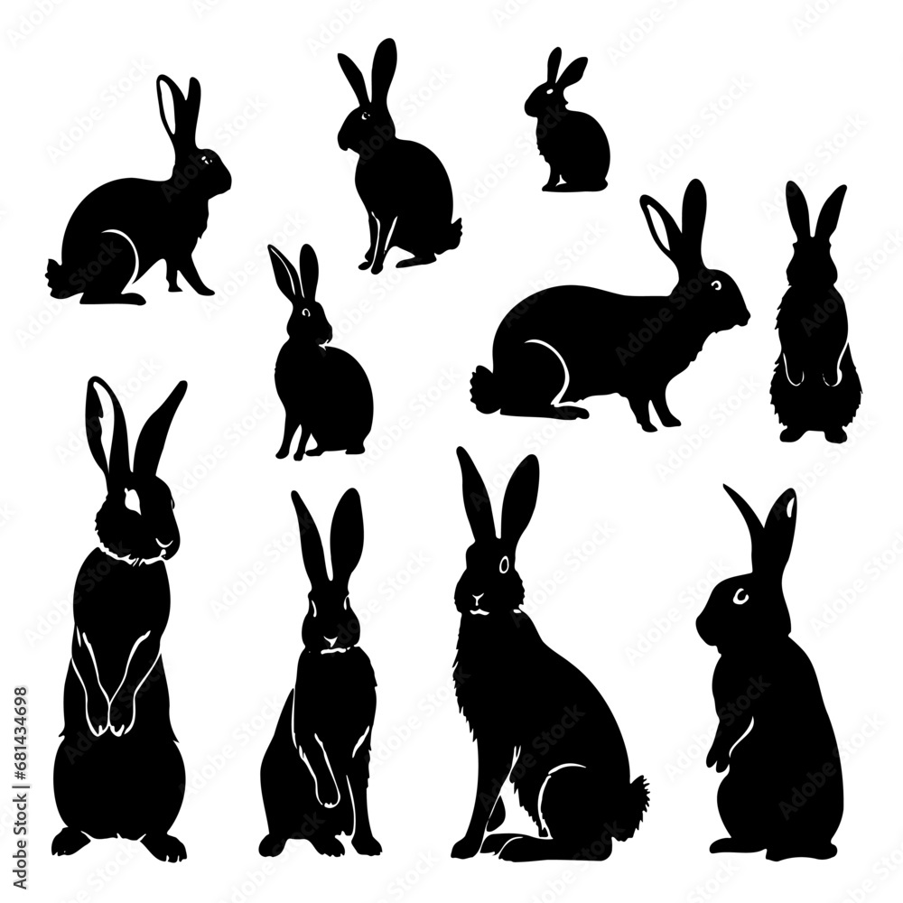Rabbits silhouette set. Bunny symbols. Hare Farm animal icon collection ...