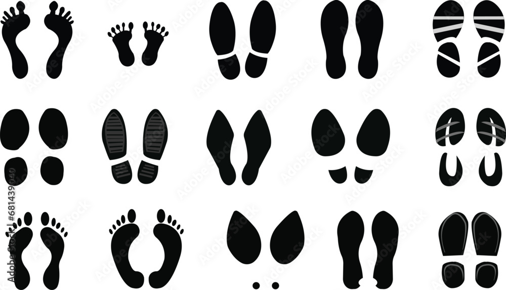 Footprints human silhouette, vector set. Shoe soles print. Foot print ...