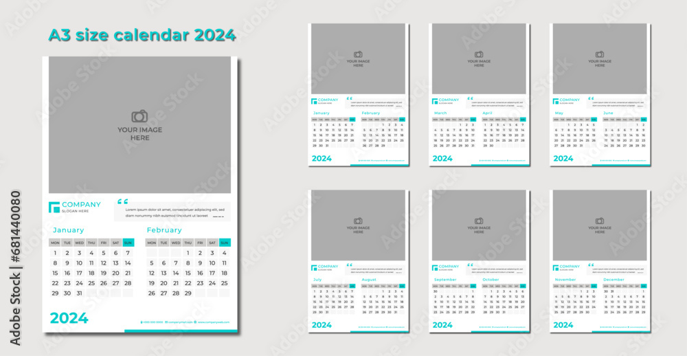 2024 A3 Calendar Planner Templates including spaces for a company logo ...