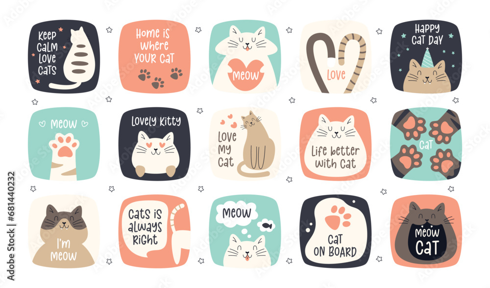 Cute cats characters with inscriptions isolated sticker, banner or ...