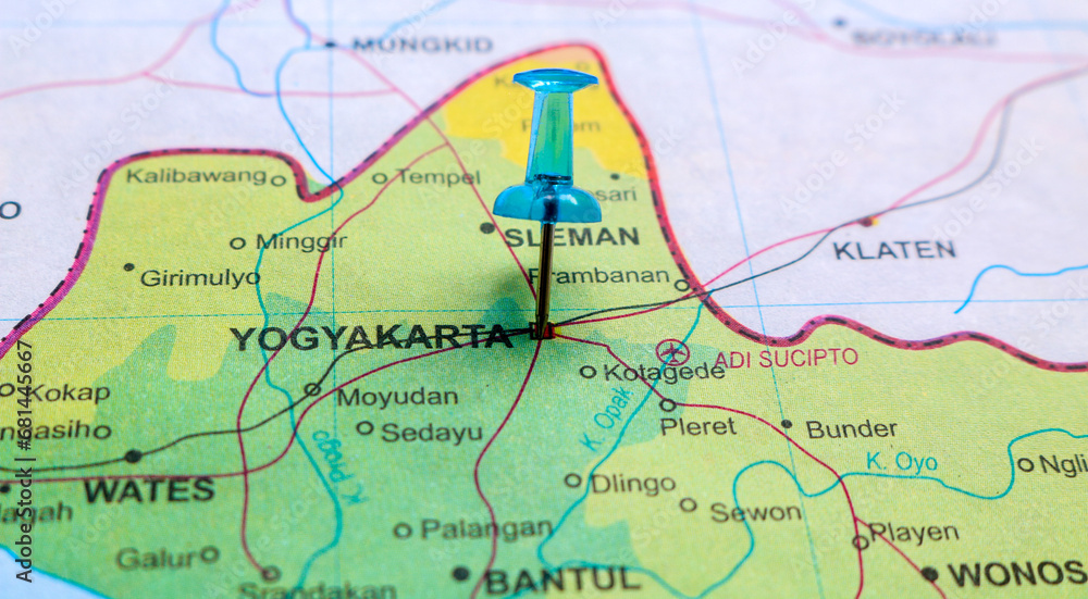 Pin on Map with focus on the city of Yogyakarta, Indonesia. Close up ...