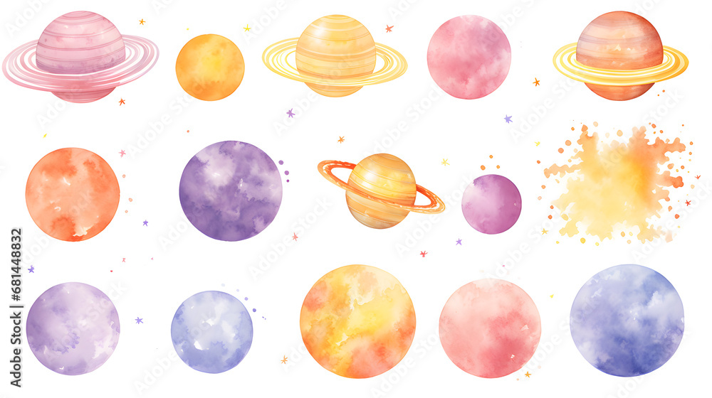 Watercolor planets, solar system illustration set isolated on white ...