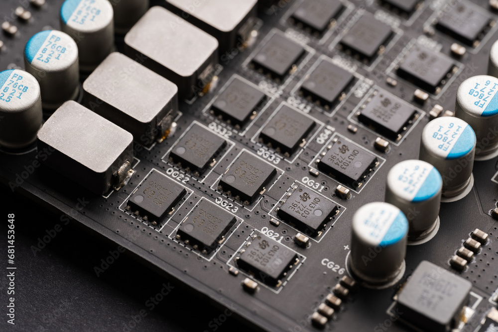 Electronic components and video card microchips. Close-up of an ...
