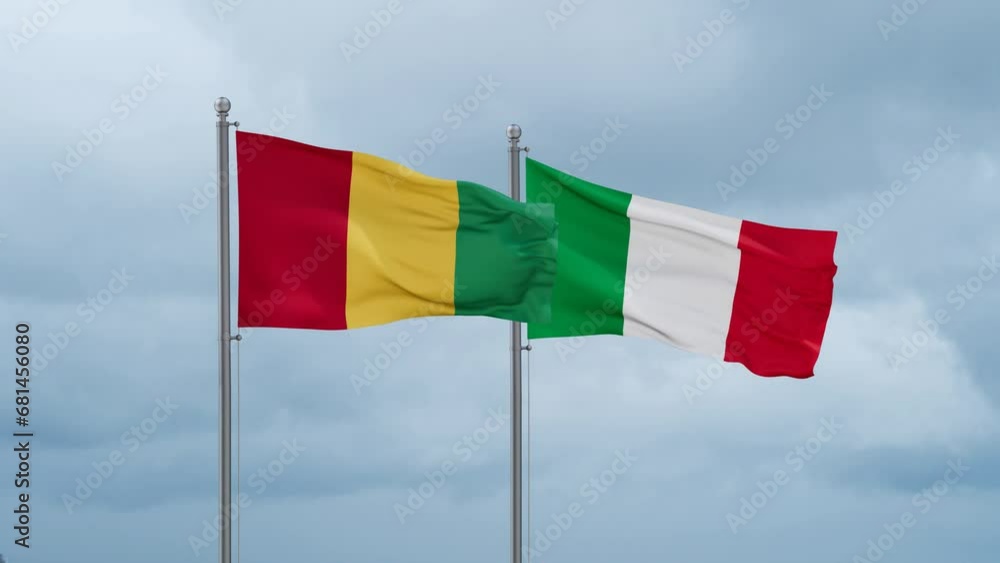 Vidéo Stock Italy and Republic of Guinea flag waving together on cloudy ...