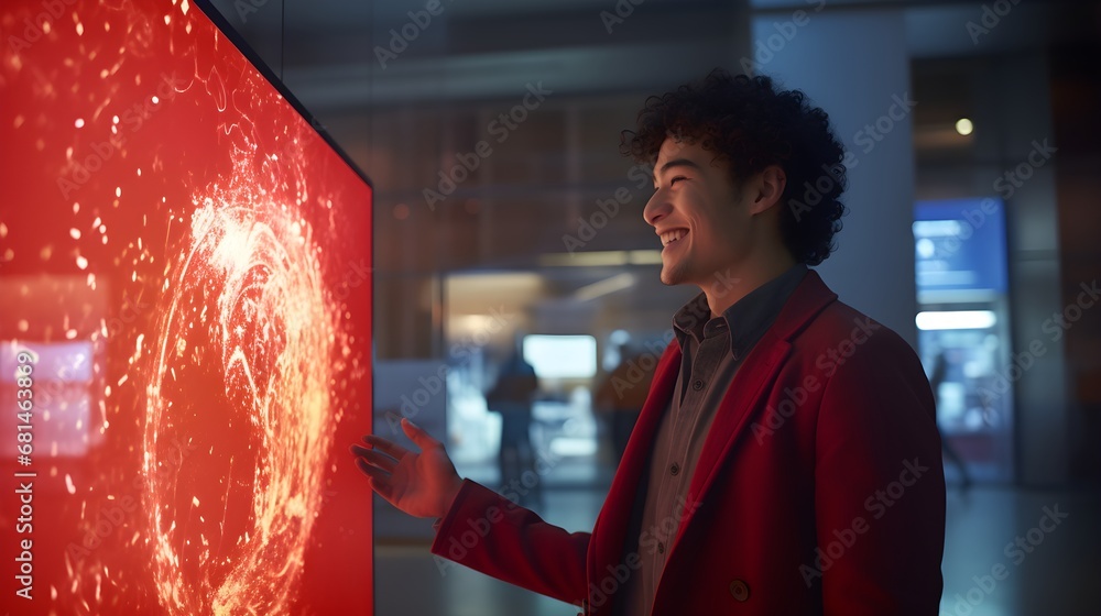 Digital concierge, close-up shot of a guest using an interactive screen ...