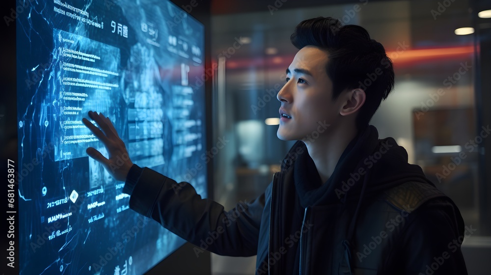 Digital concierge, close-up shot of a guest using an interactive screen ...