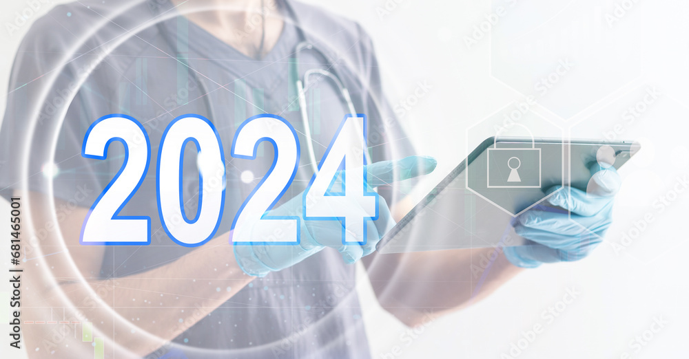 2024 calender year button on digital virtual screen blur background ...