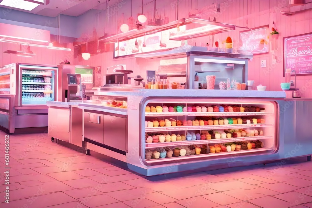 Generate an image of a high-tech ice cream station with AI-powered ...