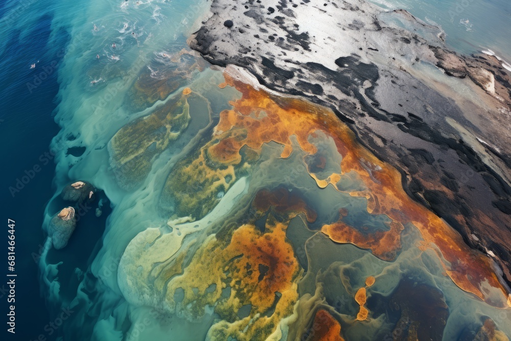 Aerial views of expansive water surfaces covered with a layer of oil ...