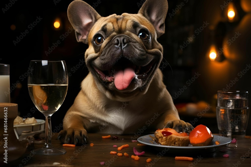 AI illustration of a dog looking intently at a plate of food and a ...