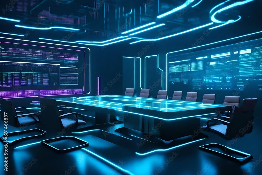 High-tech conference room with a futuristic touch, featuring a sleek ...