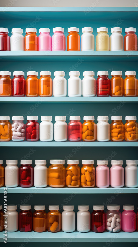 Wallpaper background of pharmacy shelf with rows of pill bottles and ...