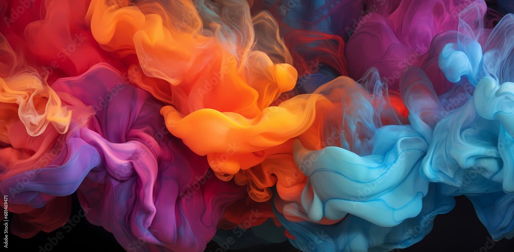 colorful smoke flowing into a dark background, in the style of colorful ...