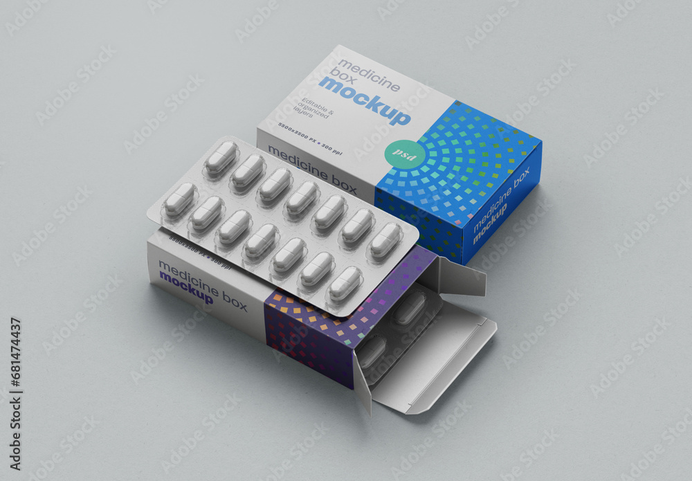Pill Box Medicine Packaging Mockup Stock Template | Adobe Stock