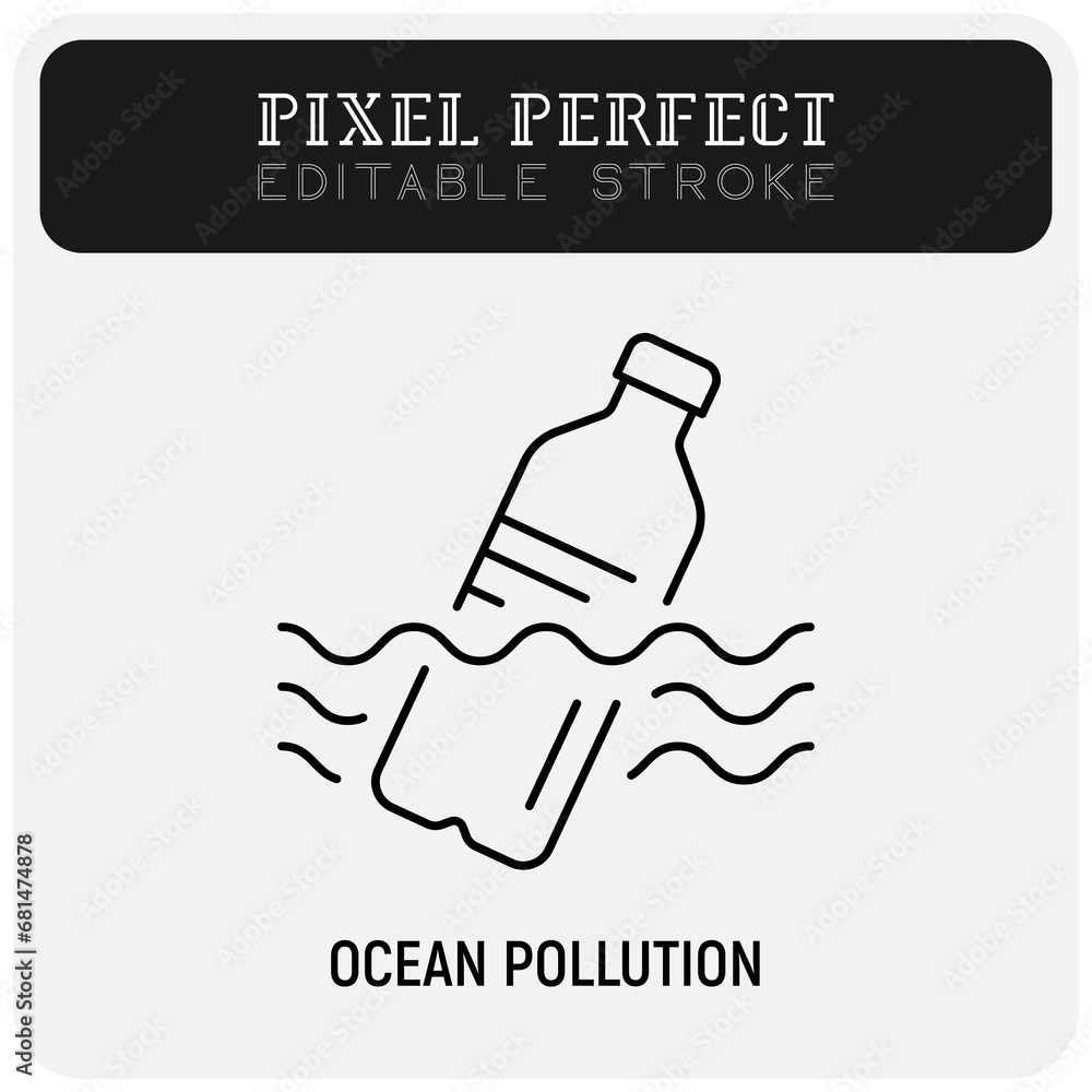 Ocean pollution, plastic bottle in the ocean thin line icon. Garbage in ...