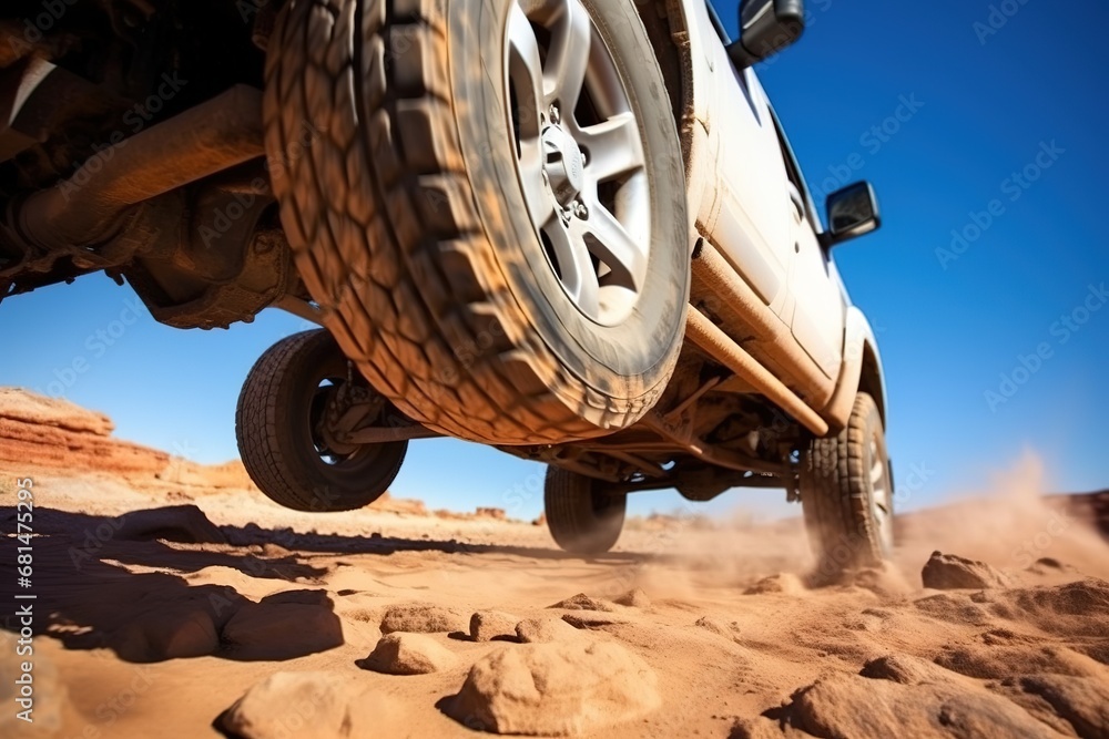 Extreme off-road 4x4 car suspension in action on a desert rally trail ...