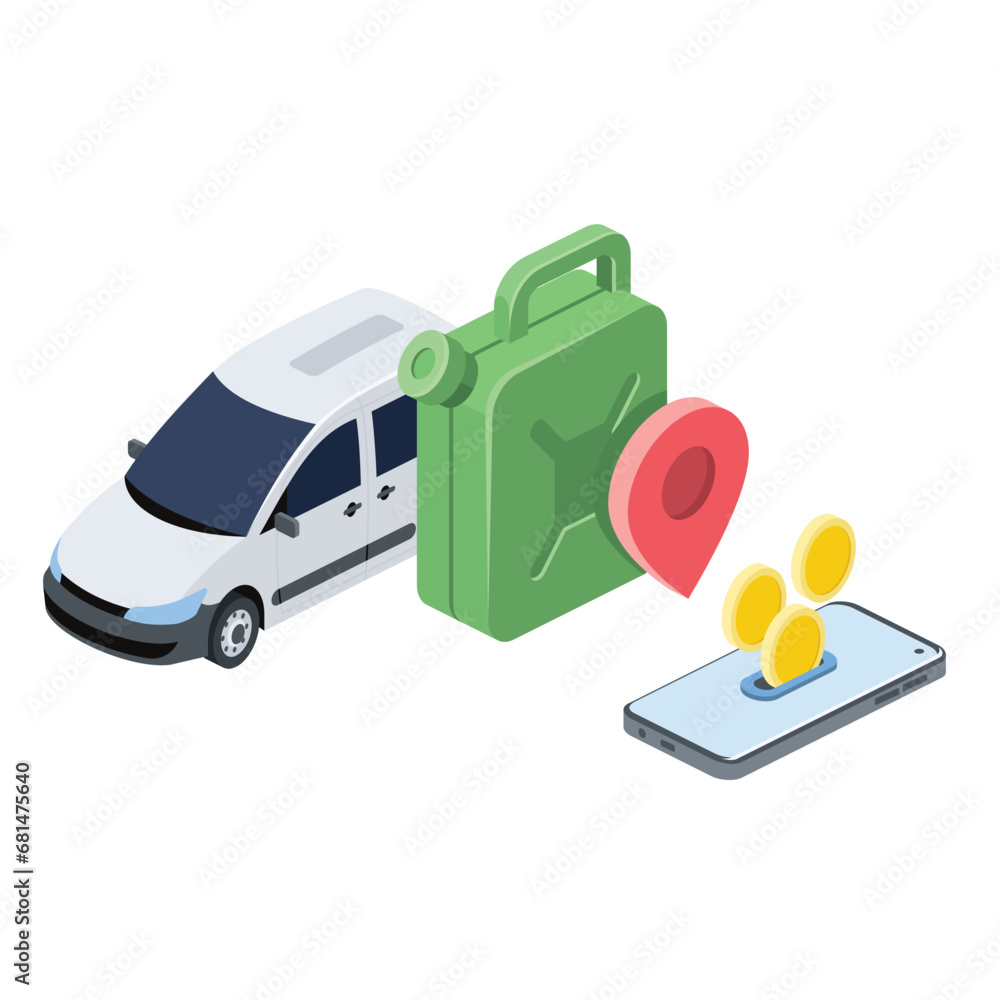 Car, gas can, geolocation tag, coins payment. Vector 3d isometric ...