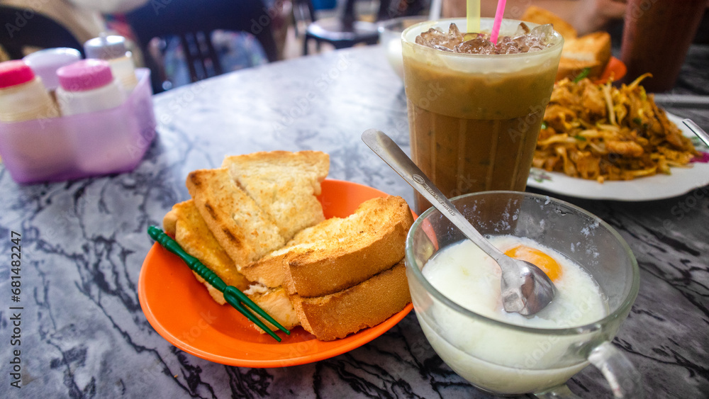 Common oriental breakfast set in Malaysia consisting of coffee, nasi ...