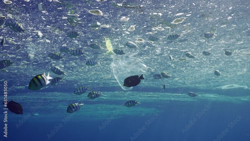 School of tropical fish eats on surface of polluted water in fatty ...