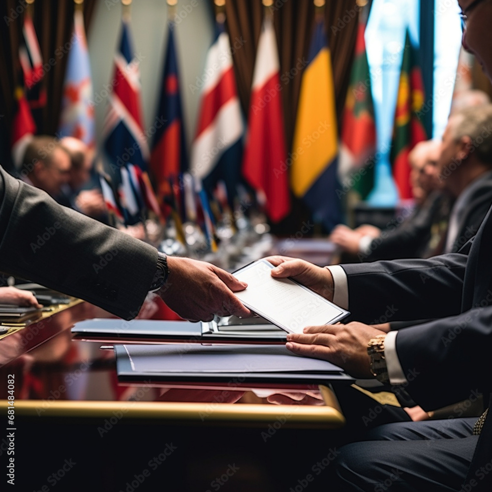 Delegate of a nation handing over a policy paper to other delegate in a ...