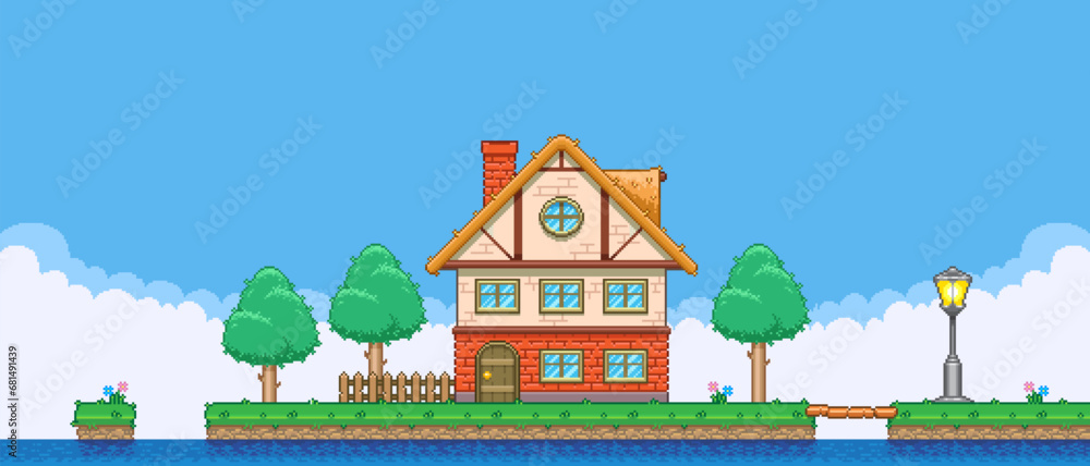 8bit colorful simple vector pixel art horizontal illustration of the ...