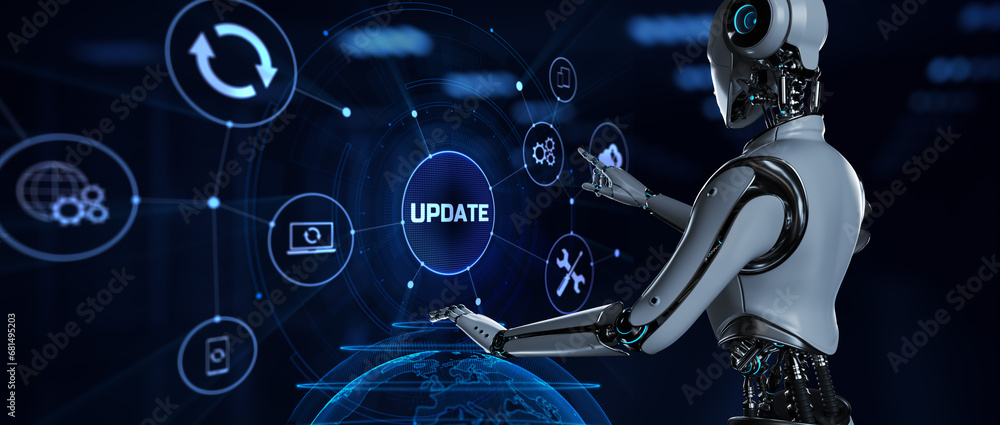 Update system upgrade install. Robot pressing button on screen 3d render. Stock Illustration ...