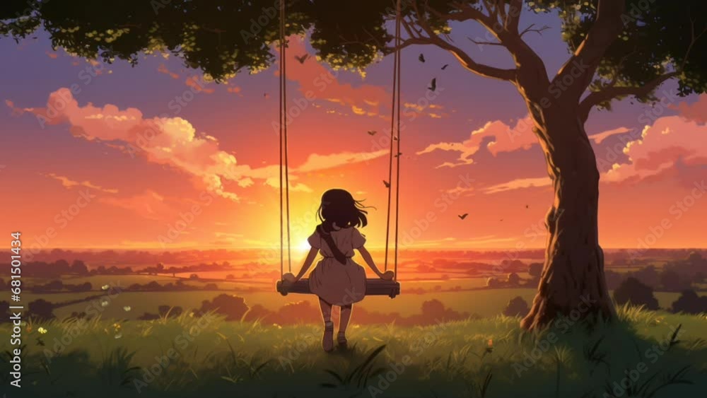Anime style woman sitting on a swing with a view of sunset and ...