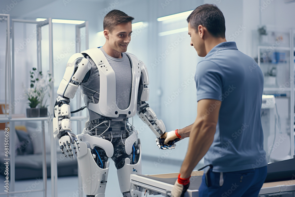 Patient with injury wearing advanced robotic exoskeleton body with ...