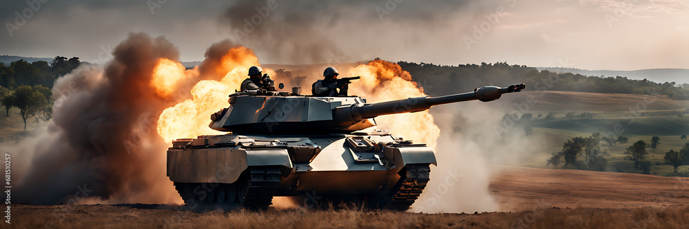 an armored tank firing during combat over a battlefield. explosions and ...