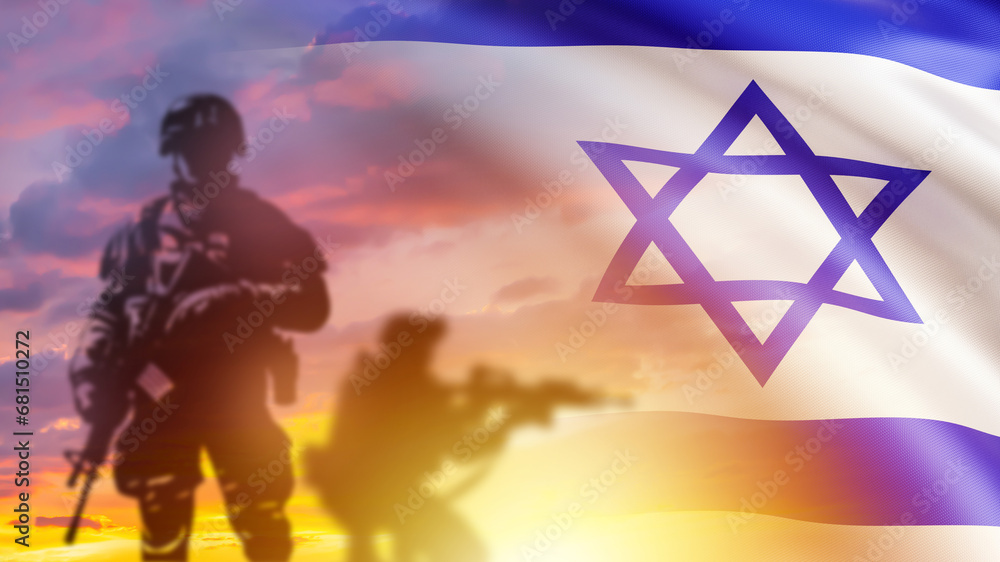 Soldiers with Israeli flag. People in military uniform with machine ...
