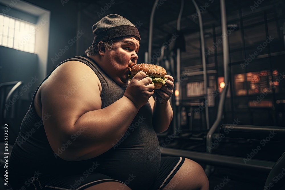 Fat man eats fast food, junk food in the gym. The problem of obesity and excess weight. Taking ...